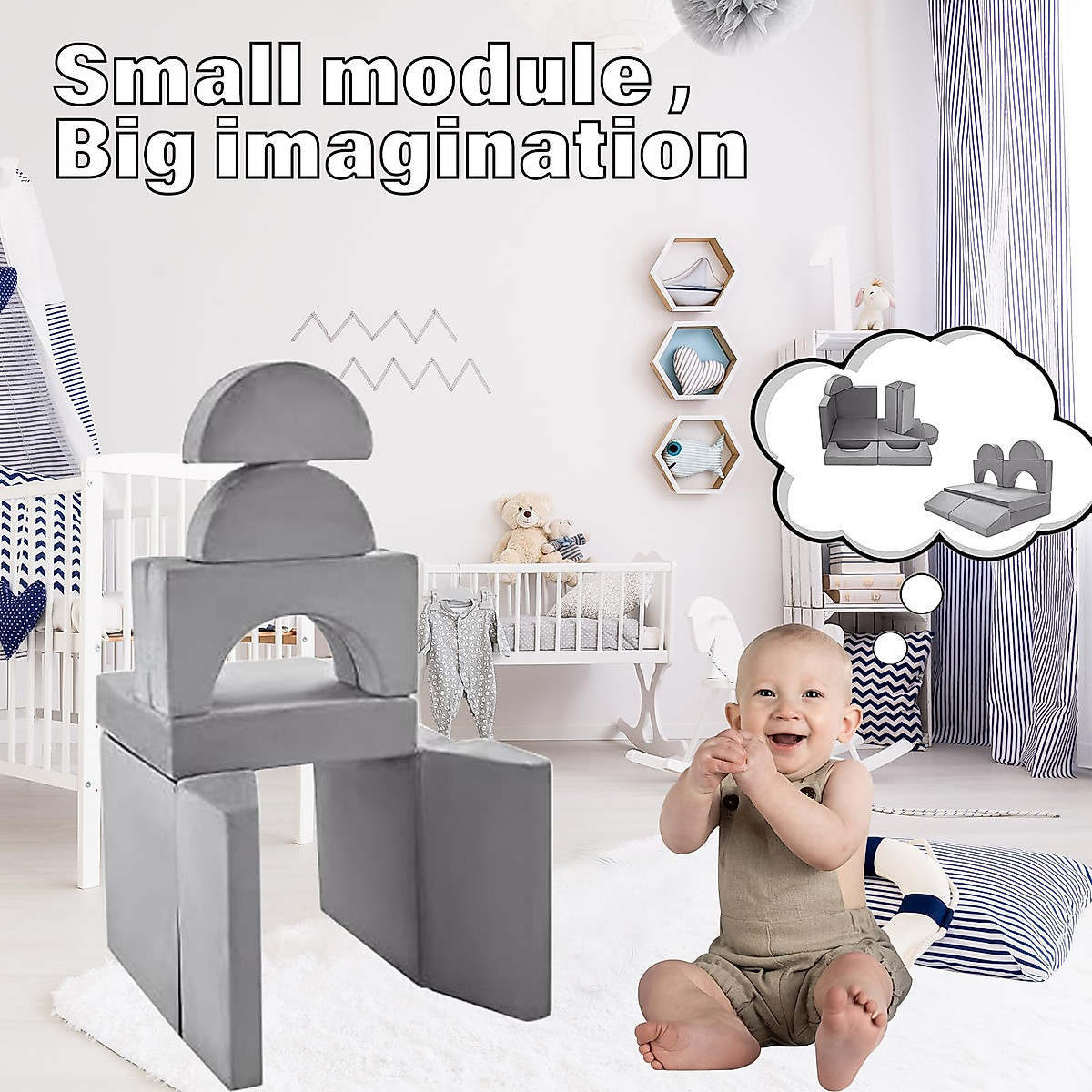 Modular Kids Play Couch for Playroom,10 in 1 Multifunctional Kids Foam Couch，Toddler Couch Building Fort,Child Sectional Sofa,Kids Sofa Couch for Toddler and Baby Playing,Boost Creativity,Gray