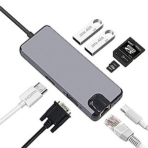Pocket-Sise Design Multi-fuction 8 in 1 USB 3.1 Type C Adapter Docking Station Combo (Aluminum Alloy Made) with PD Charge/USB 3.0X2/1000M Gigabit LAN/4K HDMI/VGA/TF/SD