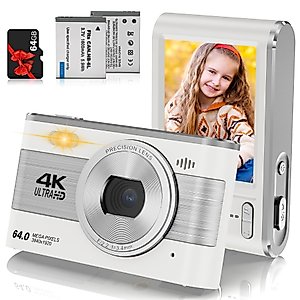 Rawiemy 64MP 4K Kids Digital Camera with 64GB Card, 18X Digital Zoom, Point and Shoot, Portable, White