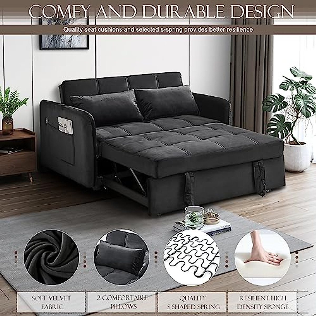 Velvet Pull Out Sleeper Sofa Bed with USB Ports, Convertible Futon Couch with Adjustable Backrest, 3 in 1 Modern Loveseat with 2 Pockets and Pillows, Small Love Seat for Living Room, Office, Black