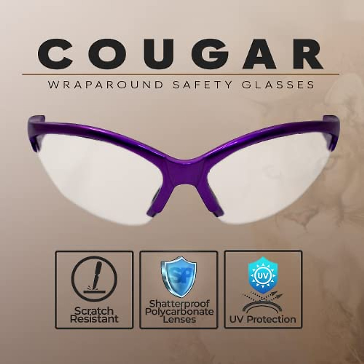Global Vision Cougar Safety Glasses Nurses Dental Assistant Glasses Shooting Glasses for Women Ladies Men Purple Frame with Clear Lenses