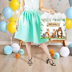 13" Large Baby Boy Girl Gift Bag for Baby Shower or Birthday with Handle, Tissue Paper and Greeting Card (Woodland Animals Sage Green Design)