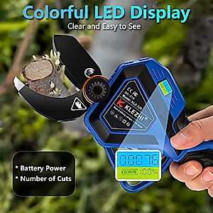 K KLEZHI Cordless Electric Pruning Shears with Colorful LED Dispaly,Cut capacity of 32mm / 1.26inches, 2 x 2 Ah Lithium Rechargeable Battery 8-10 Working Hours Blue