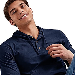 Hanes Comfortblend Men's Originals Tri-Blend Jersey, T-Shirt Hoodie with Henley Collar, Athletic Navy PE Heather, Large