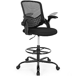 Drafting Chair, Standing Desk Chair, Tall Office Chair, Counter Height Office Chairs, Ergonomic Computer Task Chair, Adjustable Mesh Office Chair with Flip-up Armrests and Foot-Ring, Black