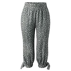 DUOWEI Women Pants for Work Casual Womens Flower Prinnted Linen Capri Pants Elastic Waist High Waist Work Pants for Women Green