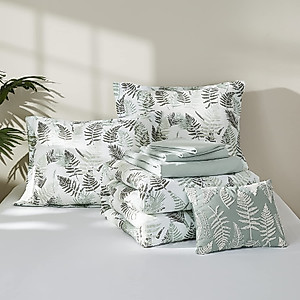 MaiRêve Green Leaves Queen Comforter Set, Sage Green and Moss Leaves Printed Comforter Queen Size, Queen Bedding Sets 8 Pieces with Comforter, Sheets, Bed in A Bag 90"x 90"