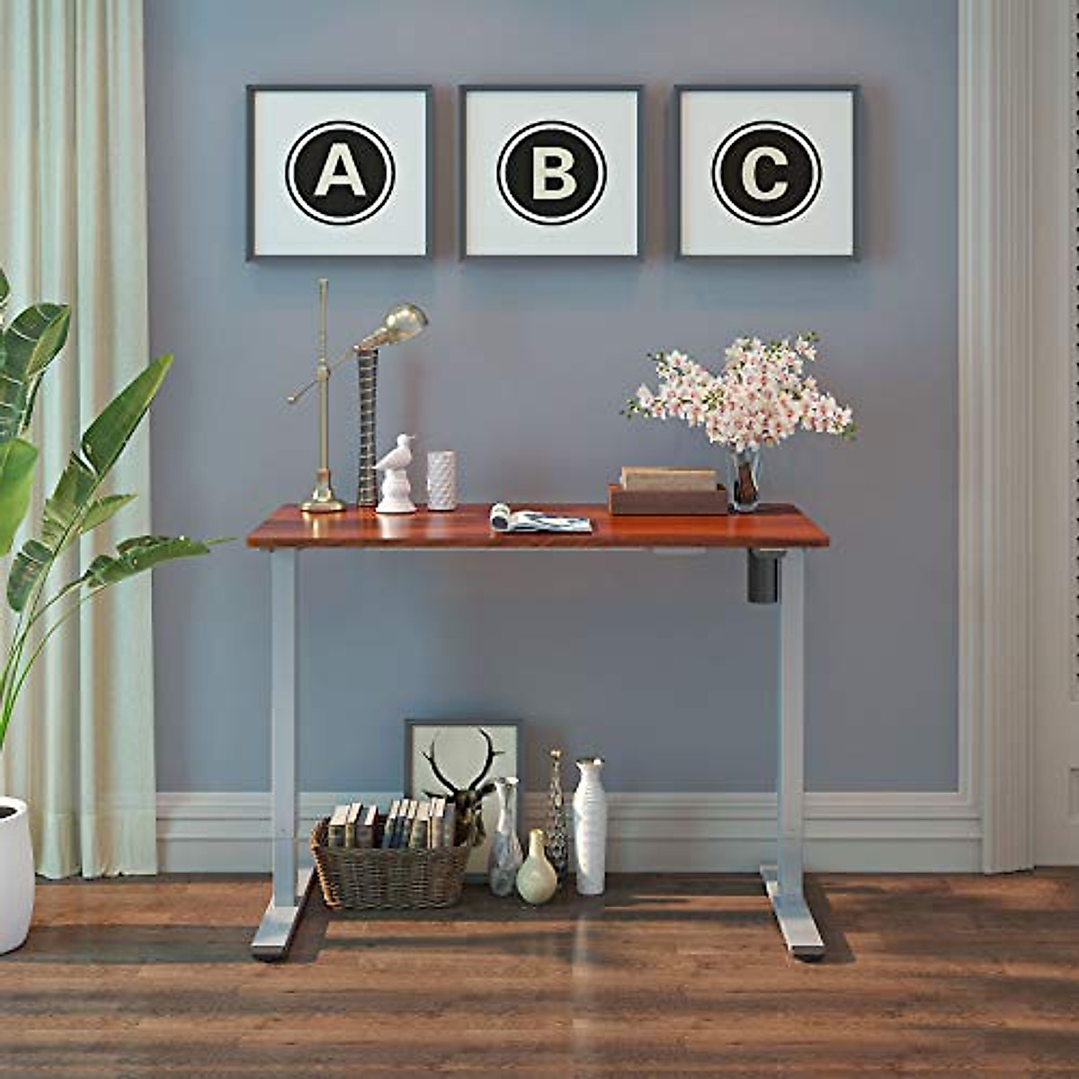 FLEXISPOT Standing Desk 48 x 24 Inches Electric Adjustable Desk Sit Stand Desk Home Office Desks with Splice Board (Silver Frame + Mahogany Top)