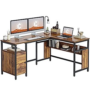 CubiCubi L Shaped Desk with File cabinets, 59.1 Inch Corner Computer Desk, Home Office Gaming Writing Workstation with Storage Shelves, Deep Brown