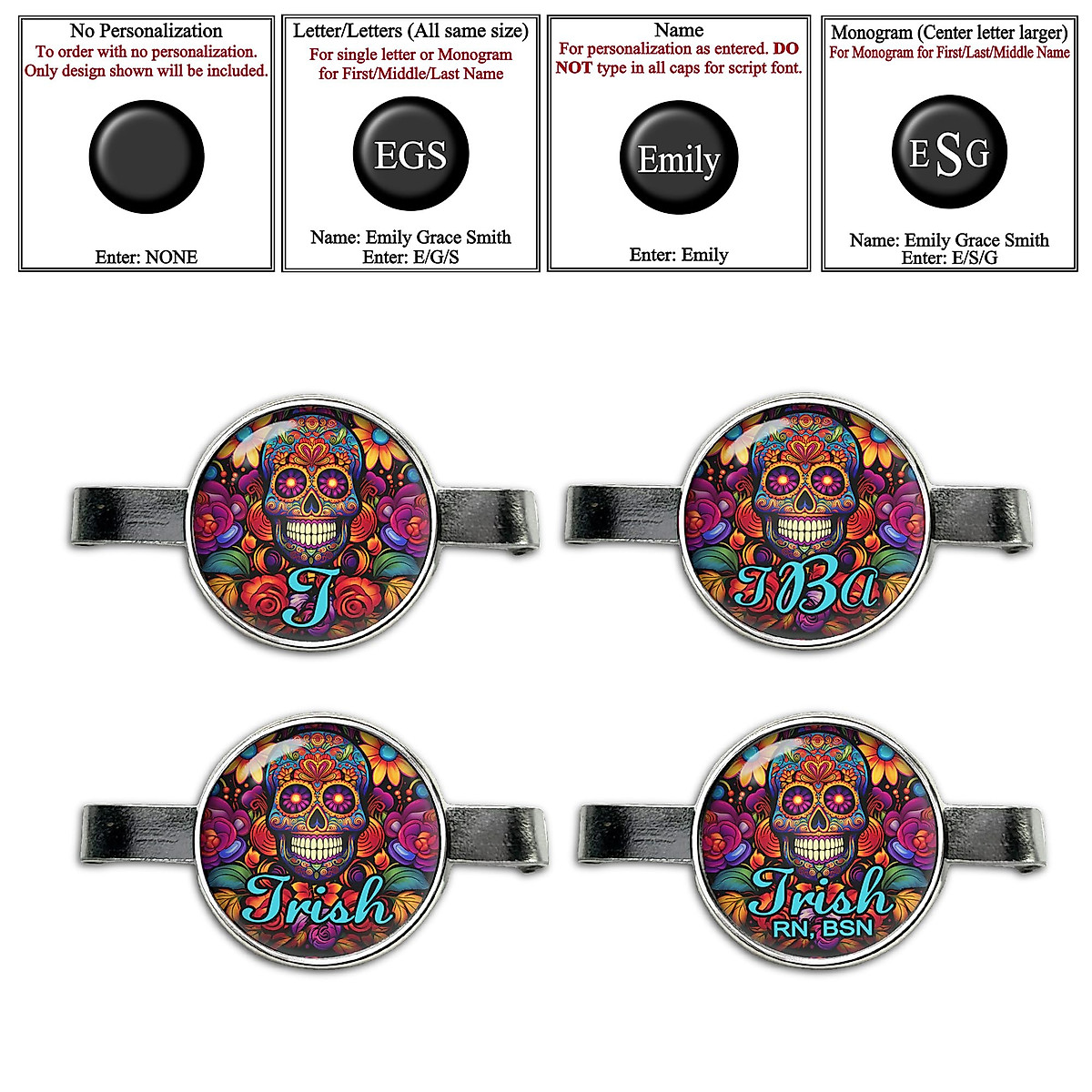 Personalized Calaveras Sugar Skull Stethoscope Name Charm - Adjustable Id for Stethoscope Tubing Fits All Stethoscopes - Hospital Nurse Accessories for Work, Doctor Graduation Gift