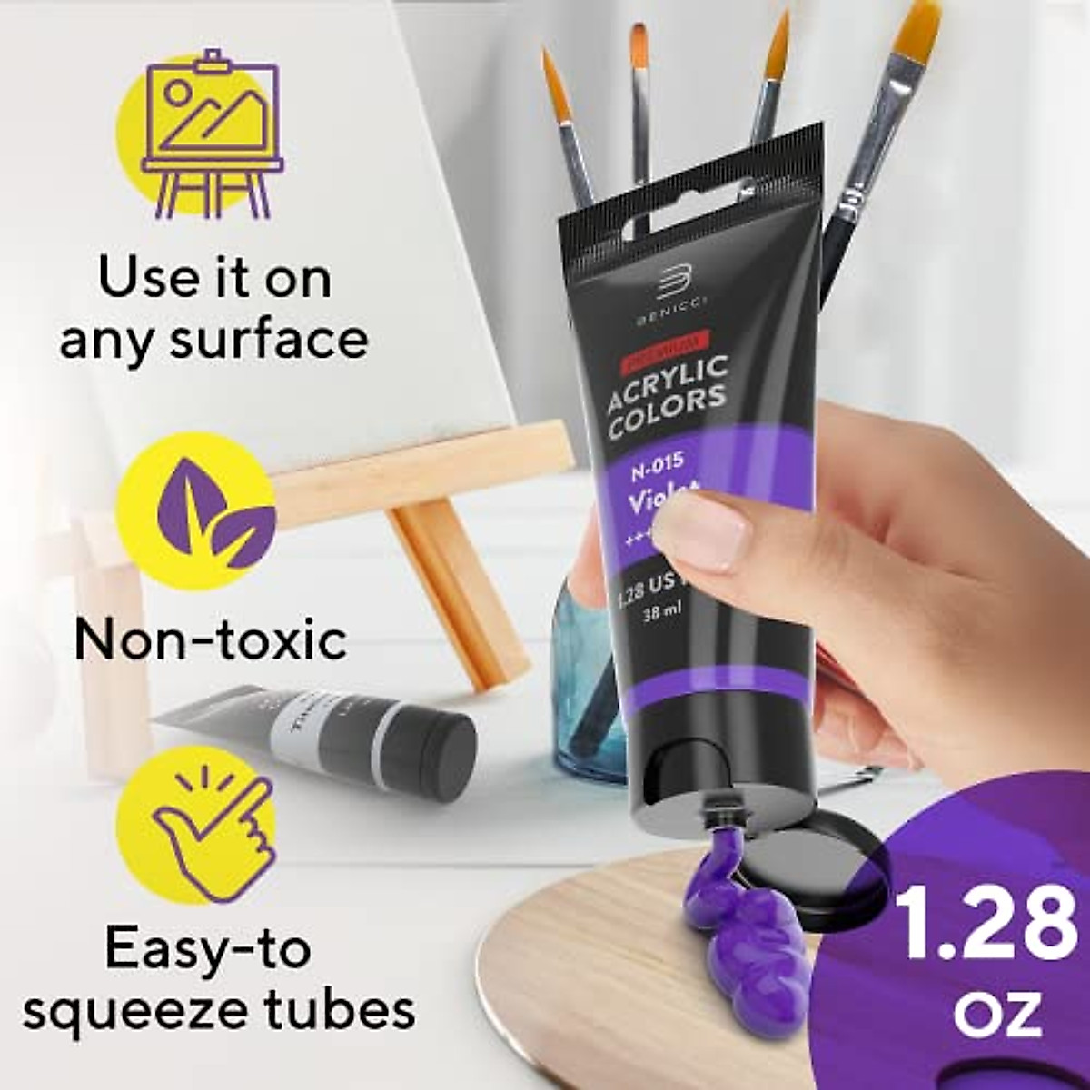 Premium Quality Acrylic Paint Set 24 Colors - 1.28oz (38ml) - with 6 Nylon Brushes - Safe for Kids & Adults - Perfect Kit for Beginners, Pros & Artists to Create Amazing Paintings and Artwork