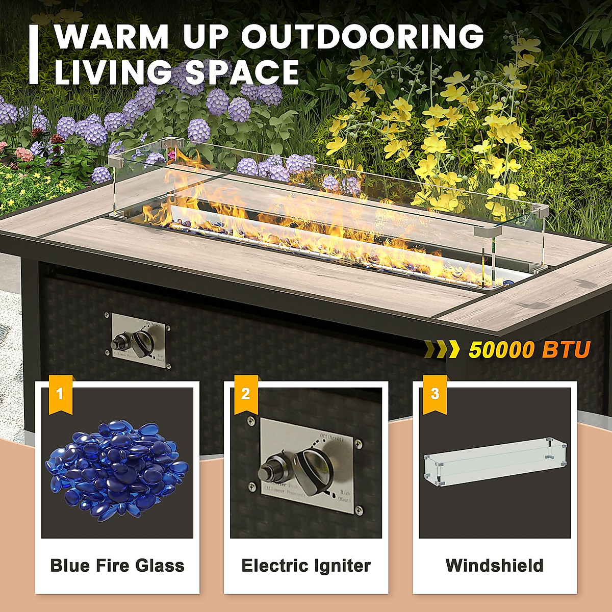 VICLLAX Patio Furniture Set 4 Pieces Outdoor Conversation Set, 3-Seat Sofa with 45" Ceramic Tabletop Fire Pit and 2 Swivel Sofa Chairs for Garden, Poolside, Backyard, Beige Cushion