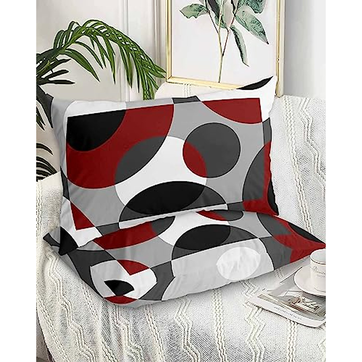 Edwiinsa Red Black Grey Pillow Covers King Standard Set of 2 Bed Pillow, Modern Geometric Abstract Art Aesthetics Plush Soft Comfort for Hair/Skin Cooling Pillowcases with Envelop Closure 20''x36''