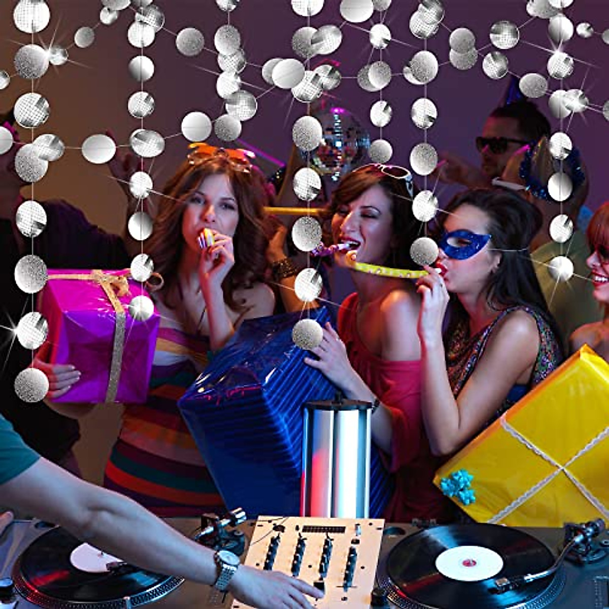 5 Pcs Glitter Disco Party Garland Silver Circle Dots Garland Hanging Streamer Backdrop Holographic Disco Ball Garland 70s 80s 90s Birthday Party Decorations Bachelorette Prom Banner for Bridal Shower