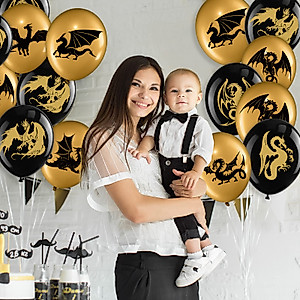 50 Pieces Dragon Theme Party Supplies, Dragon Theme Party Balloons, Black Gold Dragon Balloons Birthday Decoration Dragon Theme Party Picks Fantasy Party for Dragon Fantasy Party Supplies, 12 Inches