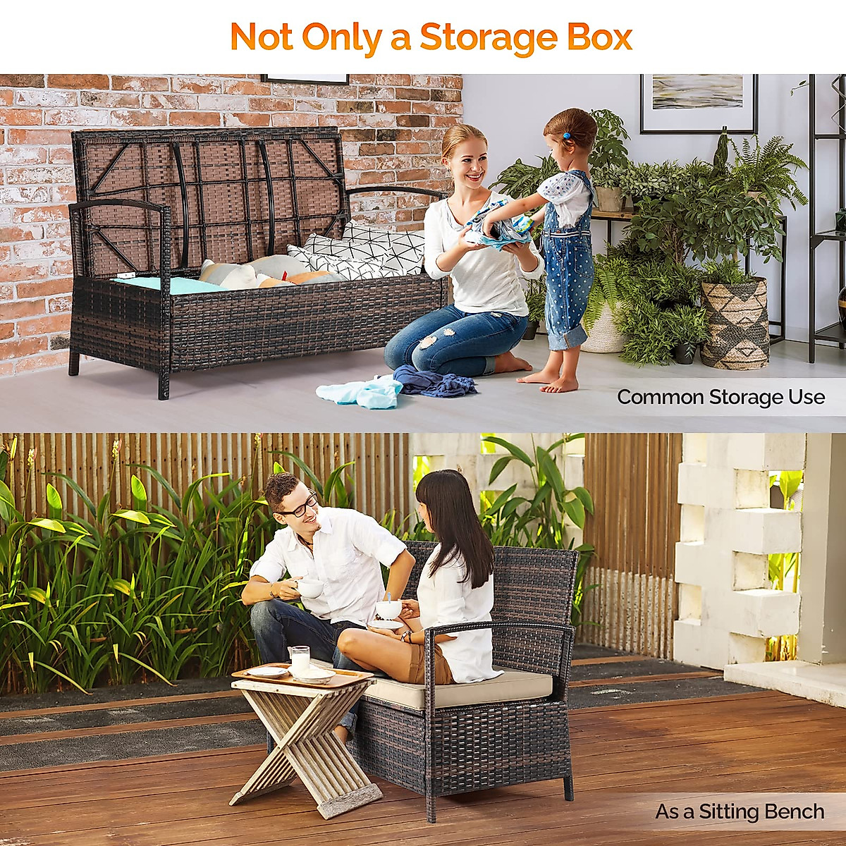 VINGLI 40 Gallon Outdoor Bench with Storage, Wicker Deck Box, Rattan Outdoor Storage Box, Patio Sofa Storage Bench with Cushion for Porch, Yard, Lawn, Garden (Brown)