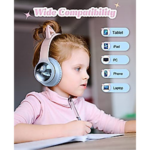 Bluetooth Headphones for Kids, Kid Odessey Cat Ears Wireless Kids Headphones, Bluetooth 5.3, 50H Playtime, 84/94dB Volume Limited, Colorful LED Lights, Built-in Mic Over-Ear Headsets for iPad/Tablet