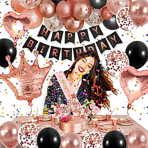 Rose Gold and Black Birthday Party Decorations with Happy Birthday Banner for Women Girls, Decor Set for Her, 16th 18th 21th 30th 40th 50th 60th 70th Supplies Balloons