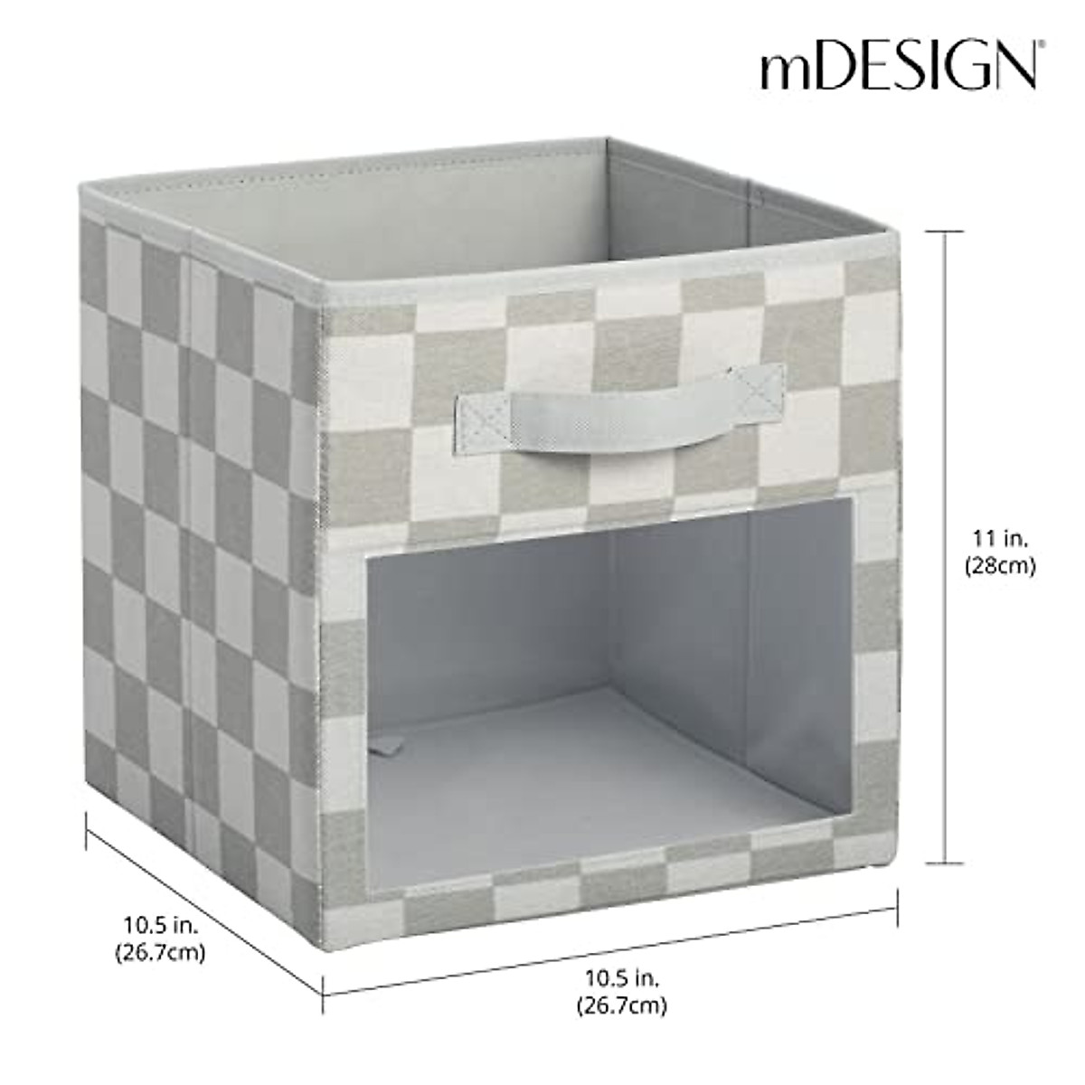 mDesign Fabric Nursery/Playroom Closet Storage Organizer Bin Box, Front Handle/Window for Cube Furniture Shelving Unit, Hold Toys, Clothes, Diapers, Bibs, 4 Pack, Gray Checkered