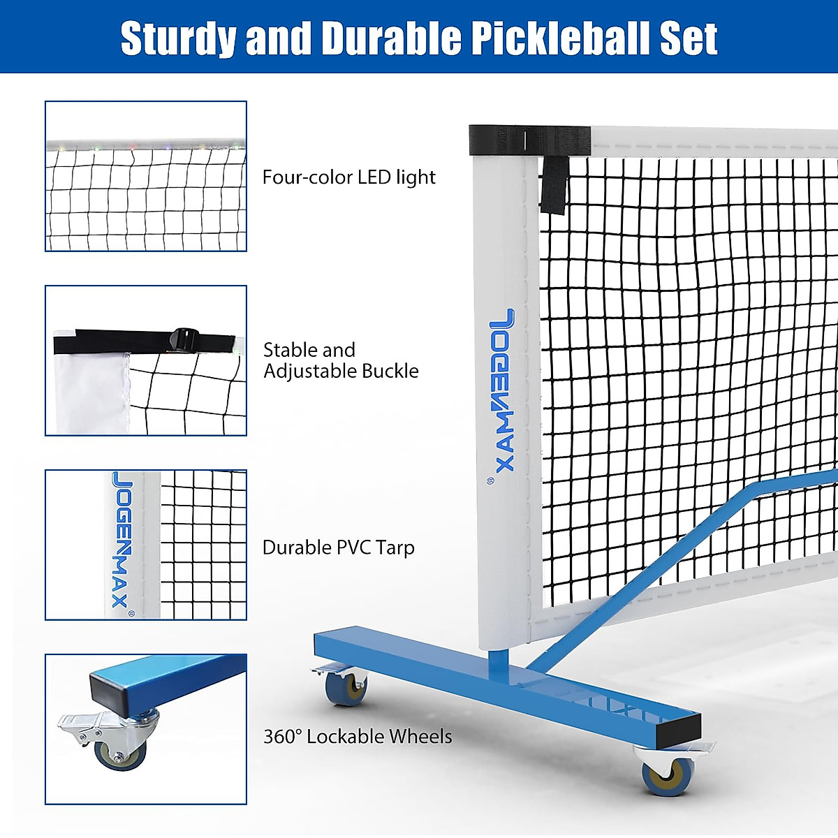 JOGENMAX Portable Pickleball Net System with Lockable Wheels, Metal Frame Pickleball Court with LED Light, Regulation Size Net with Durable Carrying Bag, and 4 Pickleball Rackets.