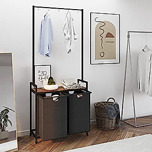 Simoretus Laundry Basket Sorter with Clothes Hanging Bar,Wooden Shelf,2 Sliding Bags, Hamper Garment Rack with Rolling Wheels for Laundry Room Bathroom Bedroom
