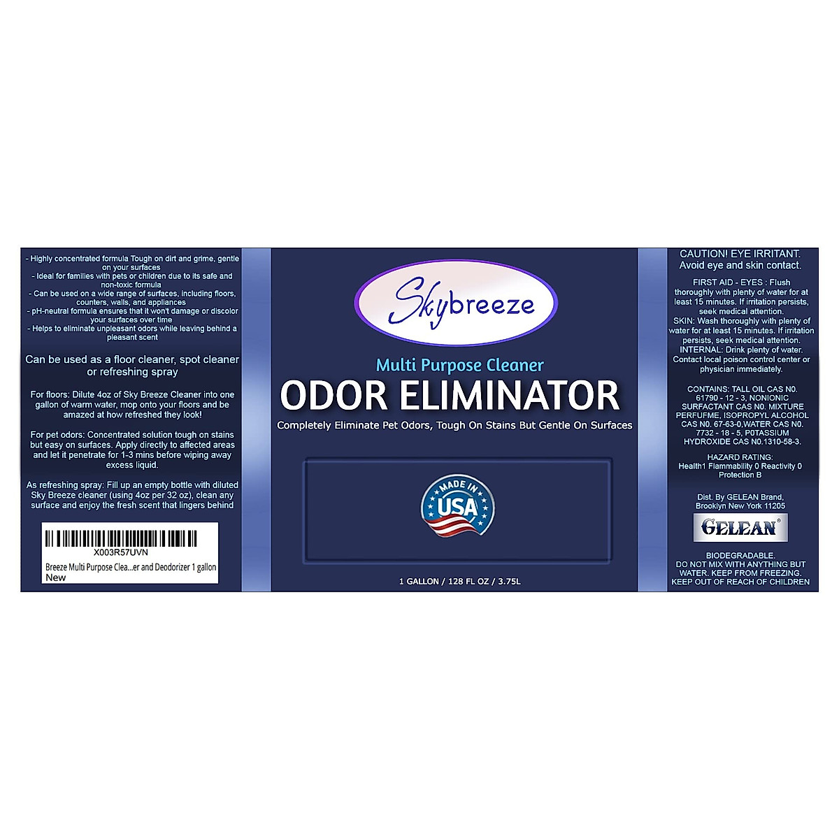 Multi Purpose Cleaner Pet Odor eliminator - pH Neutral - Strong Odor Floor Cleaner - Pet Odor Eliminator for Home - Best Scent Remover for Cat and Dog Pee All Purpose Cleaner 1 gallon (Sky Breeze)