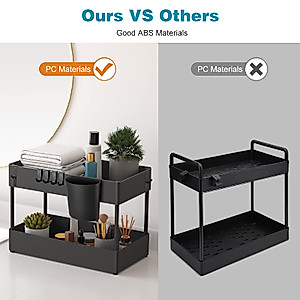 BlumWay 2 Pack Under Sink Organizers and Storage, 2 Tier Sliding Bathroom Cabinet Organizer, Multi-purpose Under Kitchen Sink Shelf with Hooks, for Bathroom/Kitchen Countertop