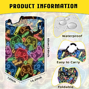 Large Size Boys Laundry Hamper Neon Gamer Basket with Handle Waterproof Foldable Lightweight Clothes Bucket Gift Toy Organizer for Laundry, Bedroom,Bathroom Decor (Neon Gamer)