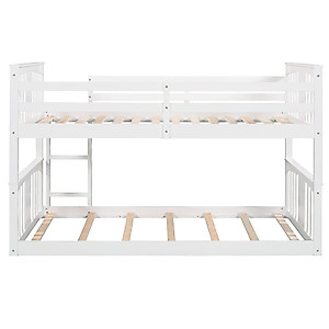 Twin Bunk Beds Low Bunk Bed Frame Wood Twin Over Twin Bunkbed for Kids Toddlers Boys Girls Bedroom, White