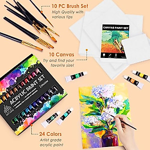 Canvases for Painting, Painting Supplies with 20 Cotton Canvas Panels, 4x4, 5x7, 8x10, 9x12, 11x14 inches (2 of Each), with 24 Acrylic Paints, 10 Brushes, Painting Canvas Set for Multimedia