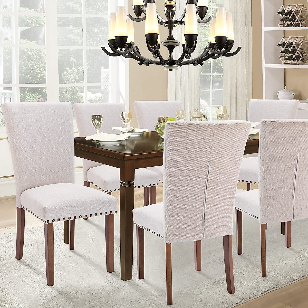 Parsons Dining Chairs Set of 6, Upholstered Nailhead Dining Room Kitchen Side Chair with Thick Cushions and Wood Legs, Beige