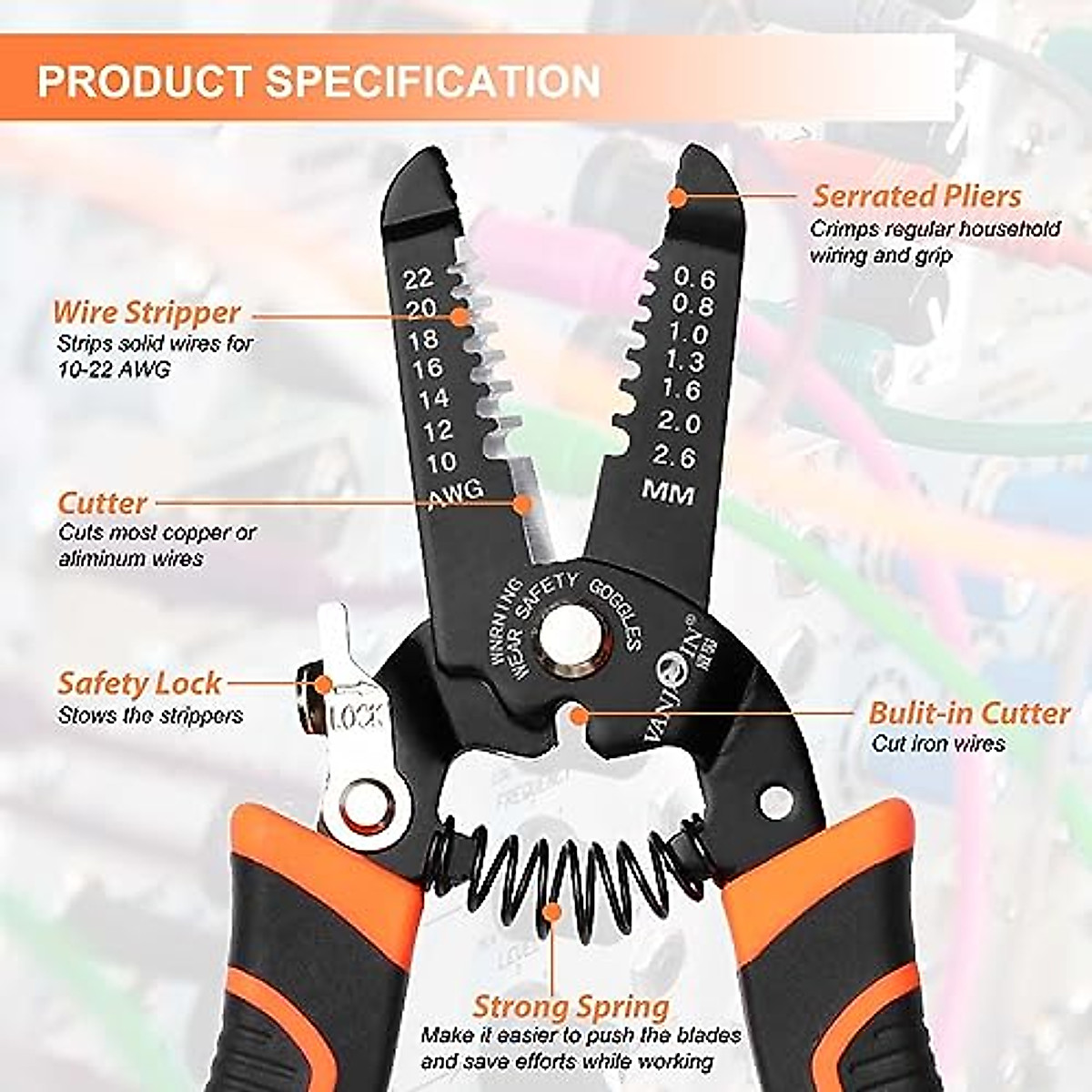 Wire Stripper Cutter Stripping Cutting Pliers, VANJOIN 7 Inch Wire Strippers Cutter, Multi-Functional Steel-made Wire Stripping Cutting Hand Tool for 10-22 AWG (Wire stripper)