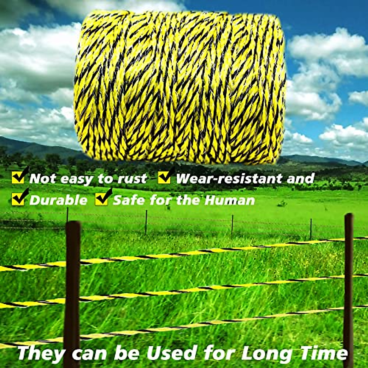 Upgraded Electric Fence Poly Wire 660 Feet 200 Meters 1/8" Dia Portable Electric Fencing Polywires and 100 Pcs Black Electric Fence Insulator