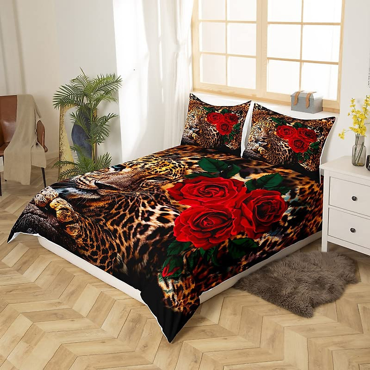 Feelyou Leopard Bedding Set for Girls Boys Kids Rose Cheetah Print Comforter Cover Set Room Decorative Leopard Pattern Duvet Cover Safari Yellow Red Bedspread Cover Room Decor Quilt Cover Queen Size