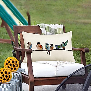 RABUSOFA 12x20 Lumbar Pillow Decorative Throw Pillows,Small Hand-Painted Outdoor Birds Pillowcases,Spring Summer Pillows Decorative Throw Cushion Covers Linen for Couch Sofa Teal Blue