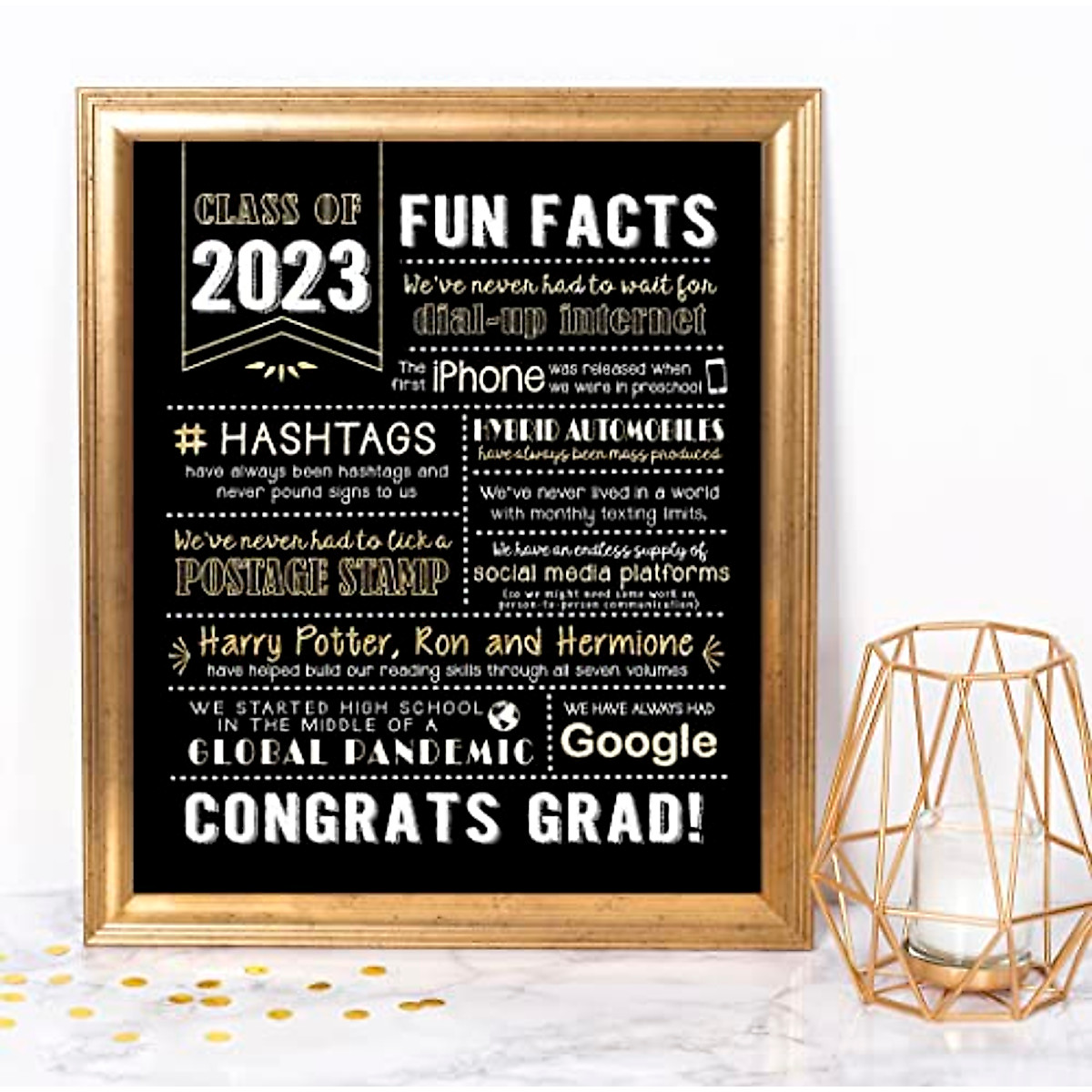 Katie Doodle - 2023 Graduation Decorations - Class of 2023 Decorations - Great Party Centerpiece, Card or Class of 2023 Gifts for Her or Him - 2023 Fun Facts Sign [Unframed], 8x10 inch, Black and Gold