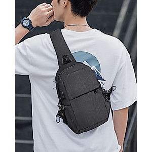 Small Black Sling Crossbody Backpack Shoulder Bag for Men Women, Lightweight One Strap Tactical Chest Backpack Sling Bag Backpack for Hiking Walking Biking Travel Cycling USB Charger Port Nylon Gray