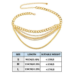 DTWAWA Multilayer Crystal Chain Belts for Women Layered Rhinestones Metal Waist Chain Punk Chunky Body Belly Chain for Dresses Jeans,Gold(51.2in)