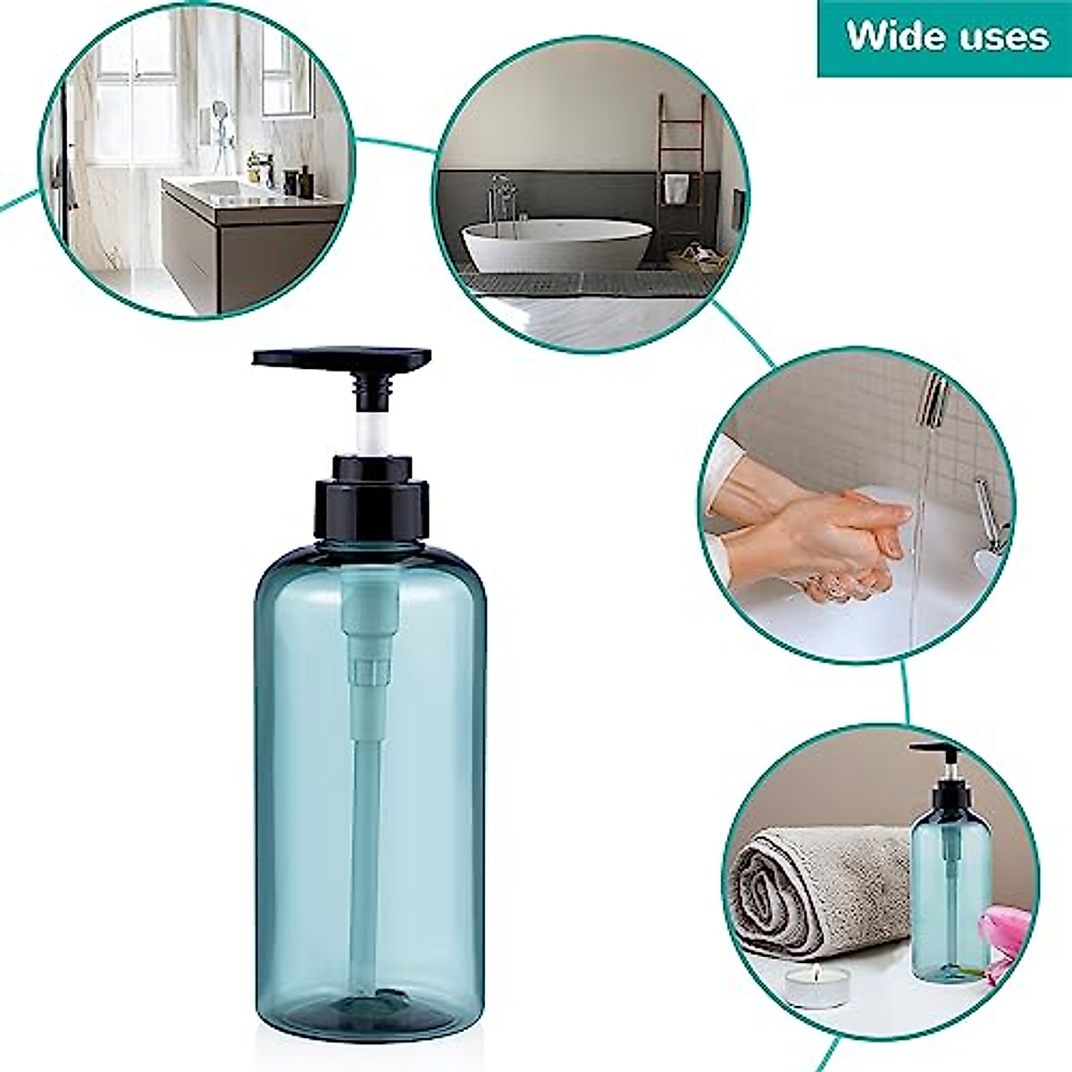 Kimqi Pump Bottles for Shampoo and Conditioner, Soap, and Lotion (2PCS 16 OZ and 2PCS 10 OZ, Blue)