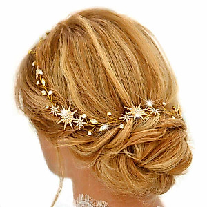 Unicra Star Rhinestone Bride Wedding Hair Vine Gold Bridal Hair Piece Crystal Hair Accessories for Women and Girls (21 Inches) (Gold)