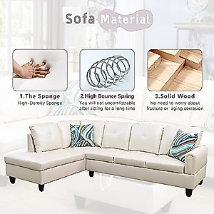 HOMVET Peaerl Faux Leather Sectional Sofa Furniture Set,L-Shape Couch with Left Chaise,Storage Ottoman,and 2 Pillows,for Living Room/Apartment/Office, Pearl White