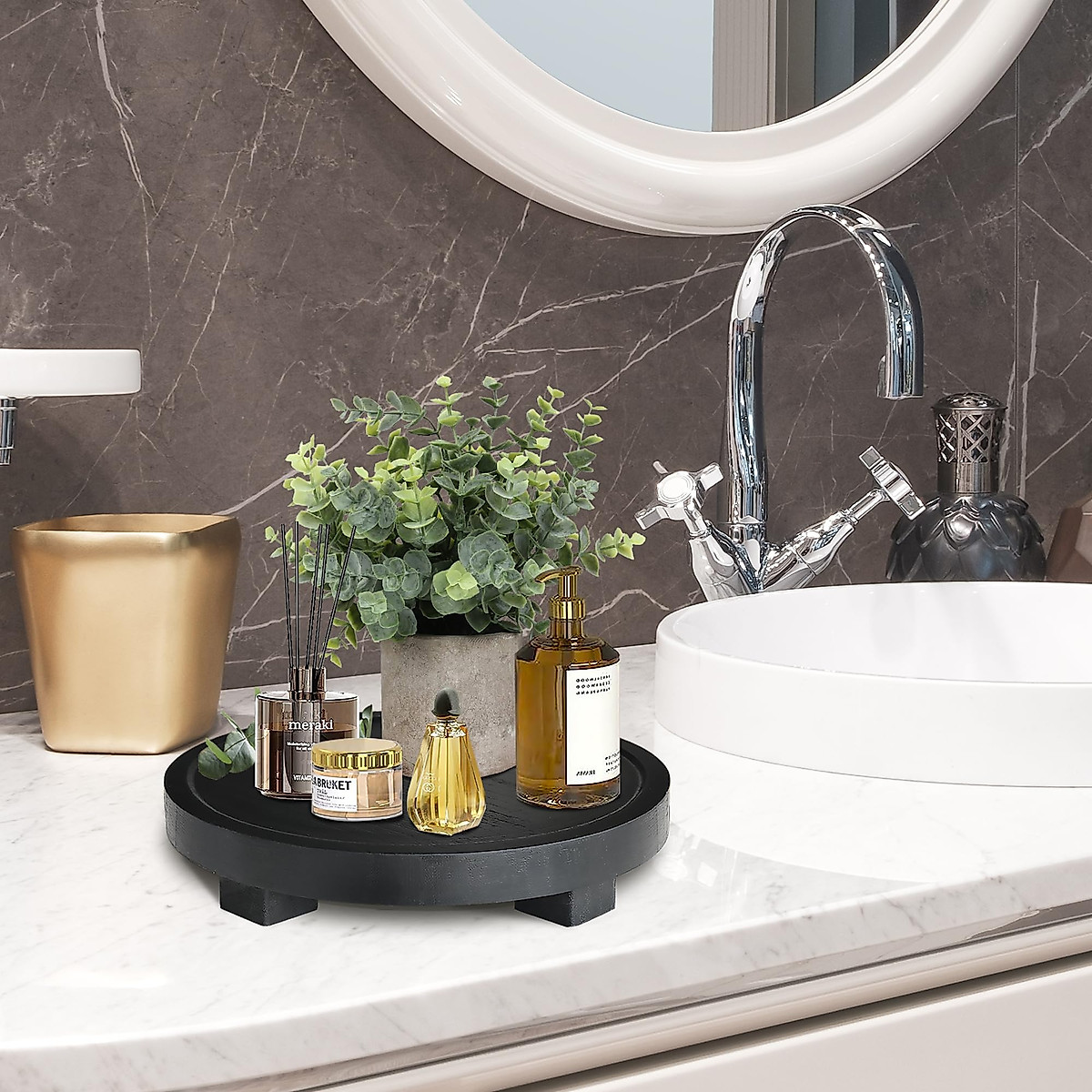 Black Decorative Tray Stand for Bathroom Decor, Wood Tray Risers for Display, Round Serving Tray for Kitchen Decor, Black Tray Soap Holder for Bathroom Counter Organizer