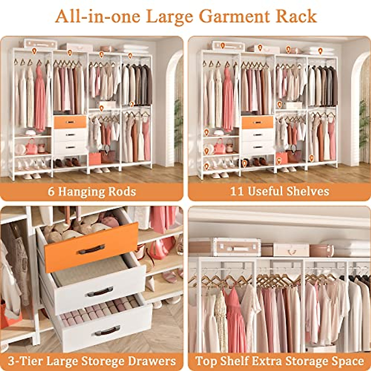 Cyclysio 84'' Heavy Duty Closet System, Large Wooden Garment Rack, L Shape Corner Walk-in Closet, Clothing Rack with Shelves, Closet Organizer System with 11 Shelves, 3 Wood Drawers, 6 Rod, White