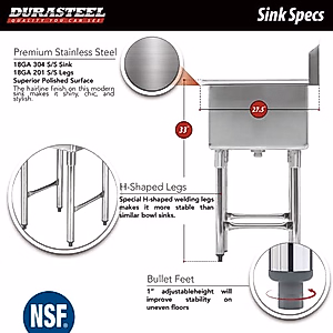 Stainless Steel Prep & Utility Sink - DuraSteel 1 Compartment Commercial Kitchen Sink - NSF Certified - Single 24" x 24" Inner Tub with No Lead Faucet (Restaurant, Kitchen, Laundry, Garage)