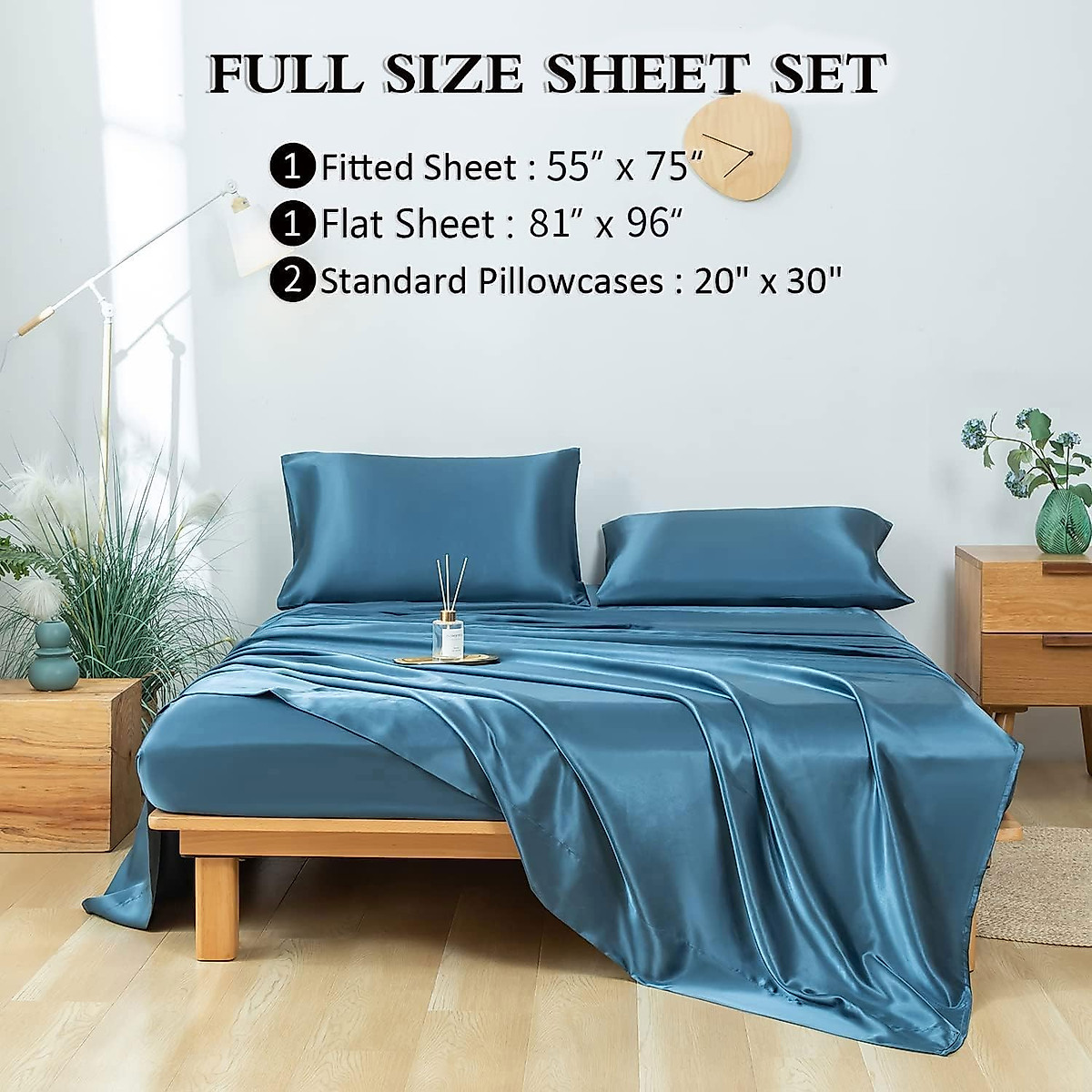 Revdomfly 4 Pcs Full Size Luxury Silky Soft Navy Blue Satin Sheet Set,1 Premium Moisture Wicking Fitted Sheet Fits Up to 16 Inches Deep Pocket + 1 Flat Sheet + 2 Pillowcases（Navy Blue, Full）
