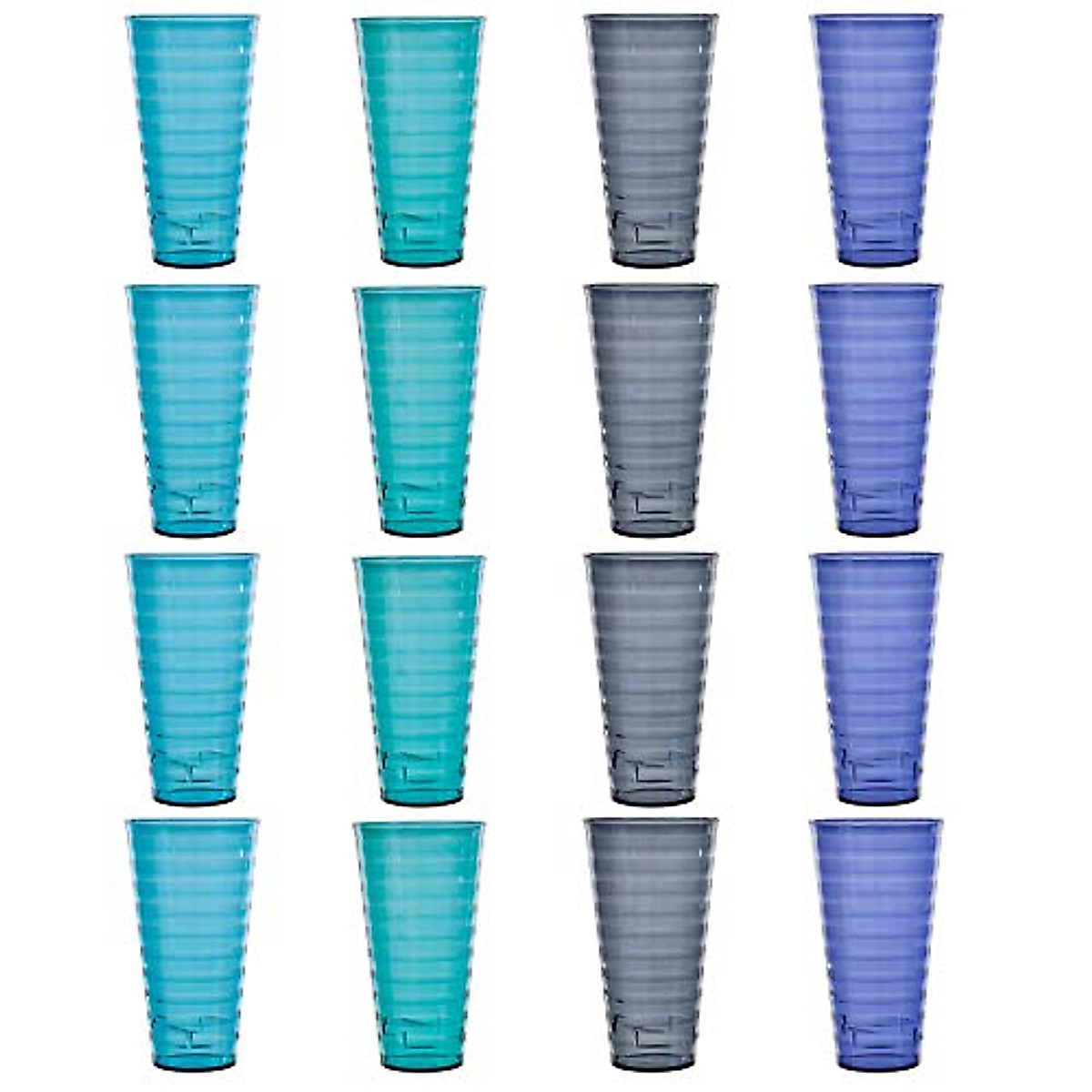 US Acrylic Splash 18 ounce Plastic Stackable Water Tumblers in 4 Coastal Colors | Value Set of 16 Drinking Cups | Reusable, BPA-free, Made in the USA, Top-rack Dishwasher Safe