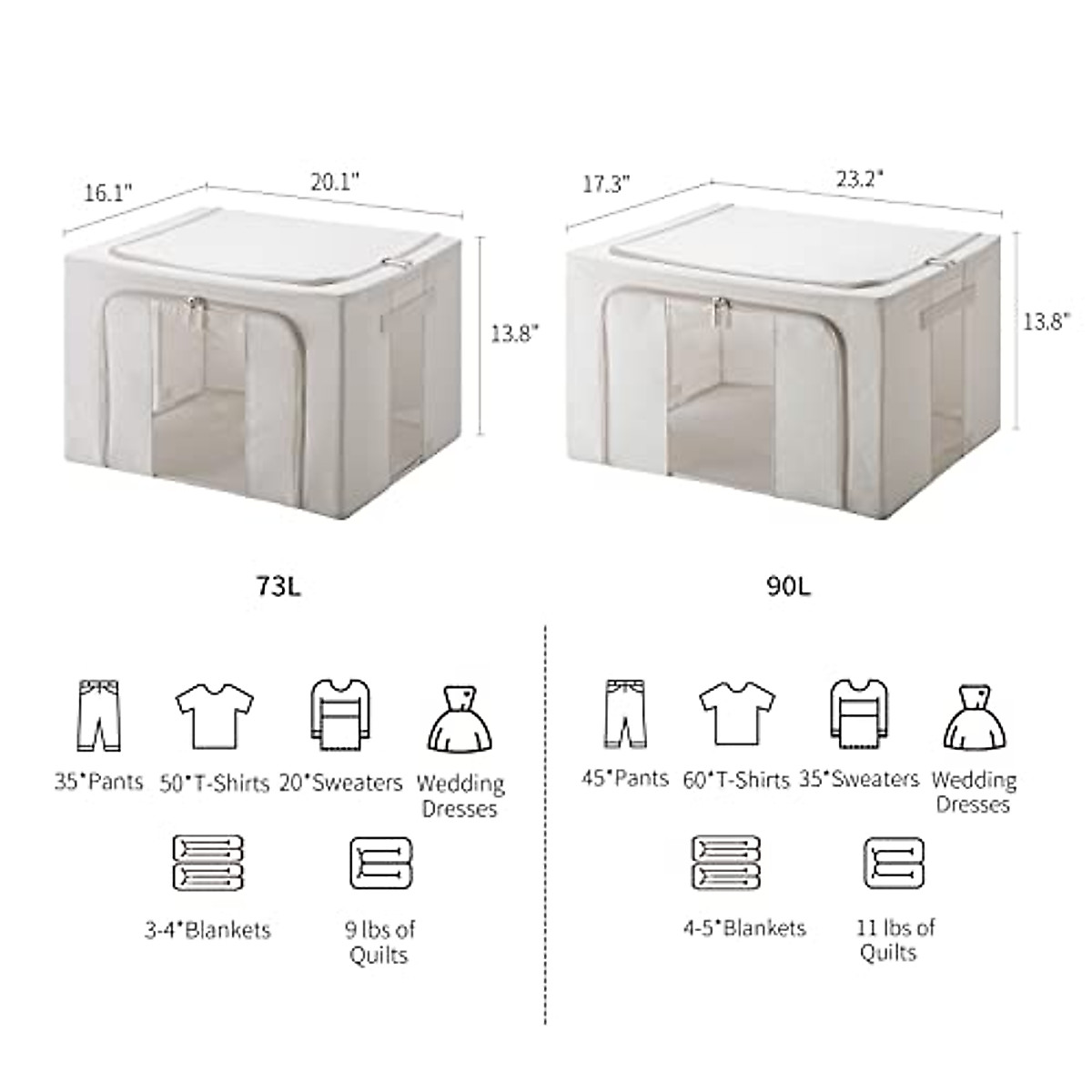 SHIMOYAMA Foldable Large Storage Bag, 2 Pack, 73L and 90 L, Fabric Stackable Containers with Metal Frame, Large Storage Box Set Organizer with Clear Window and Carry Handles for Bed, Closet