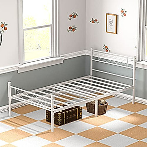 VECELO Twin Size Platform Bed Frame with Headboard and Footboard, Heavy-Duty Mattress Foundation with Steel Slats Support, No Box Spring Needed/Easy Assembly, Pure White
