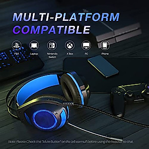 Gaming Headset with 7.1 Surround Sound and Noise Canceling Mic & Memory Foam Ear Pads Gaming Headphones for PC, PS5, Xbox One, Nintendo Switch (Blue)