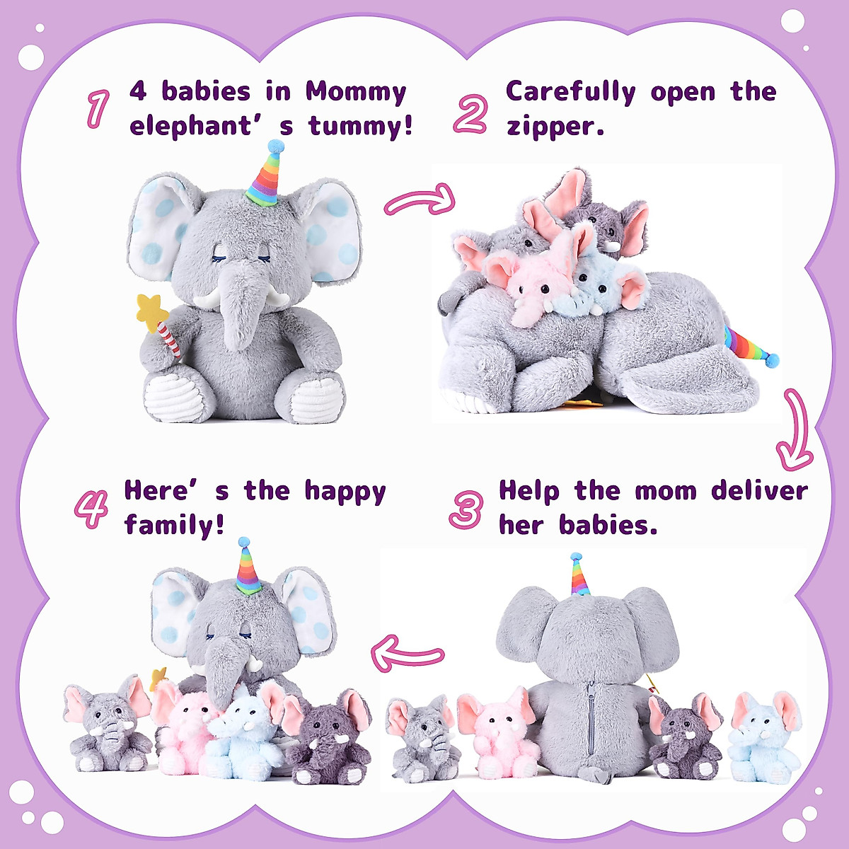 EARTHSOUND Elephant Mom and Baby Stuffed Animal Mommy Plush Toy,16” Cute Small Mama Soft Toys with Little Babies,Family Set Gifts for Kid